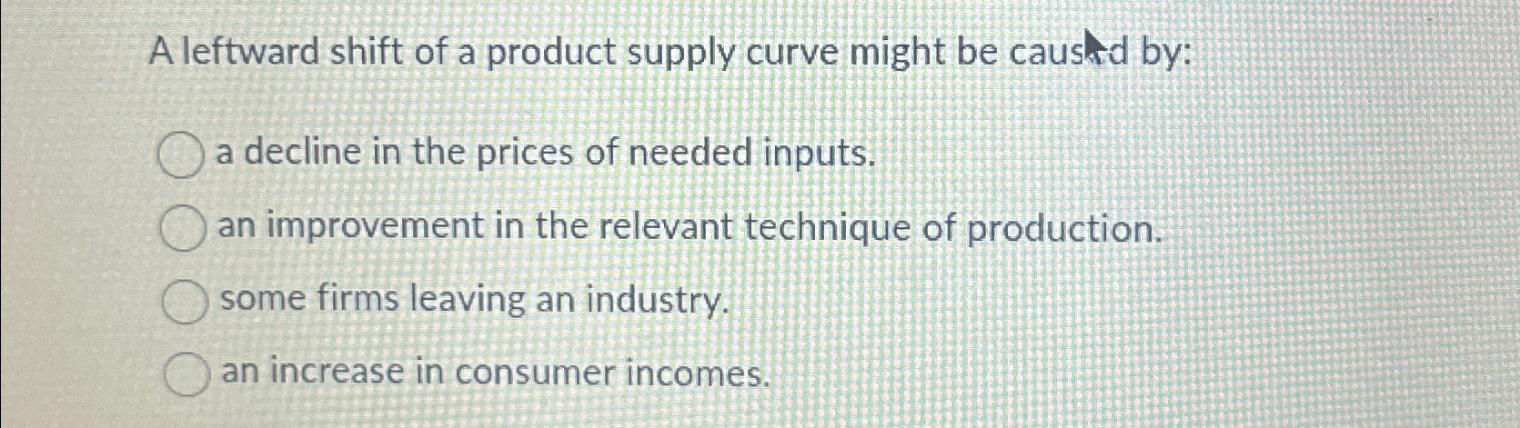 Solved A leftward shift of a product supply curve might be | Chegg.com