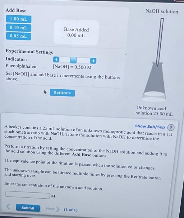 Add Base NaOH solution Experimental Settings | Chegg.com