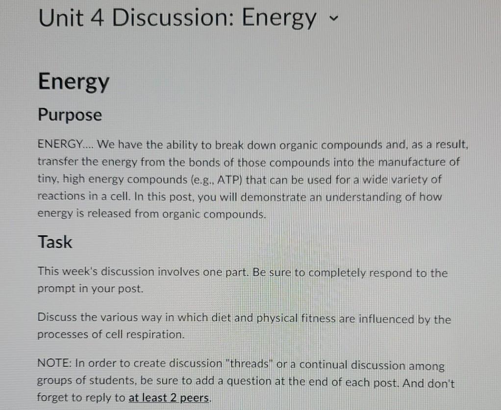 Solved Unit 4 Discussion: Energy Energy Purpose ENERGY.... | Chegg.com