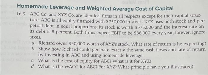 Solved Homemade Leverage and Weighted Average Cost of | Chegg.com