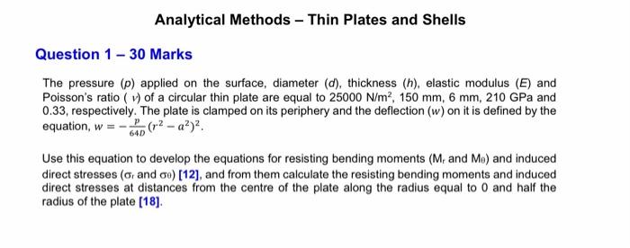 Solved Analytical Methods – Thin Plates and Shells Question | Chegg.com