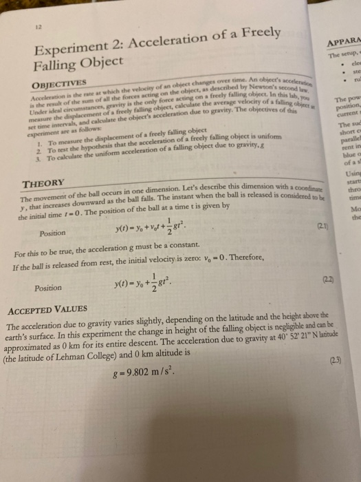 Solved Experiment 2: Acceleration of a Freely Falling Object | Chegg.com