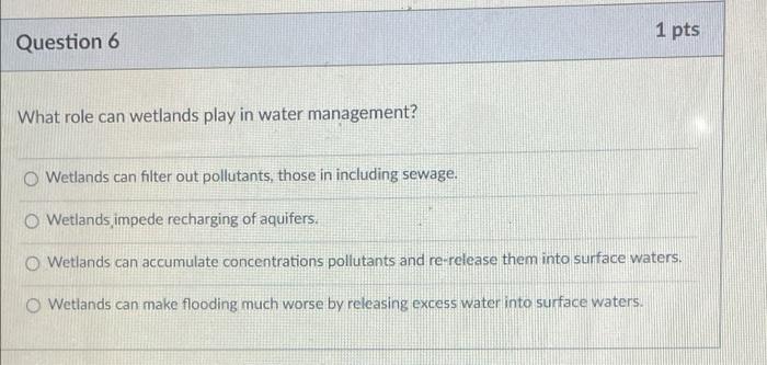 Solved 1 pts Question 6 What role can wetlands play in water | Chegg.com
