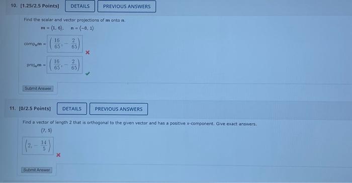 Solved Find the scalar and vector projections of m onto n. | Chegg.com