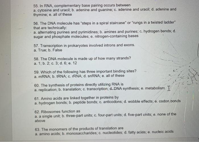 Solved 55. In RNA, complementary base pairing occurs between | Chegg.com
