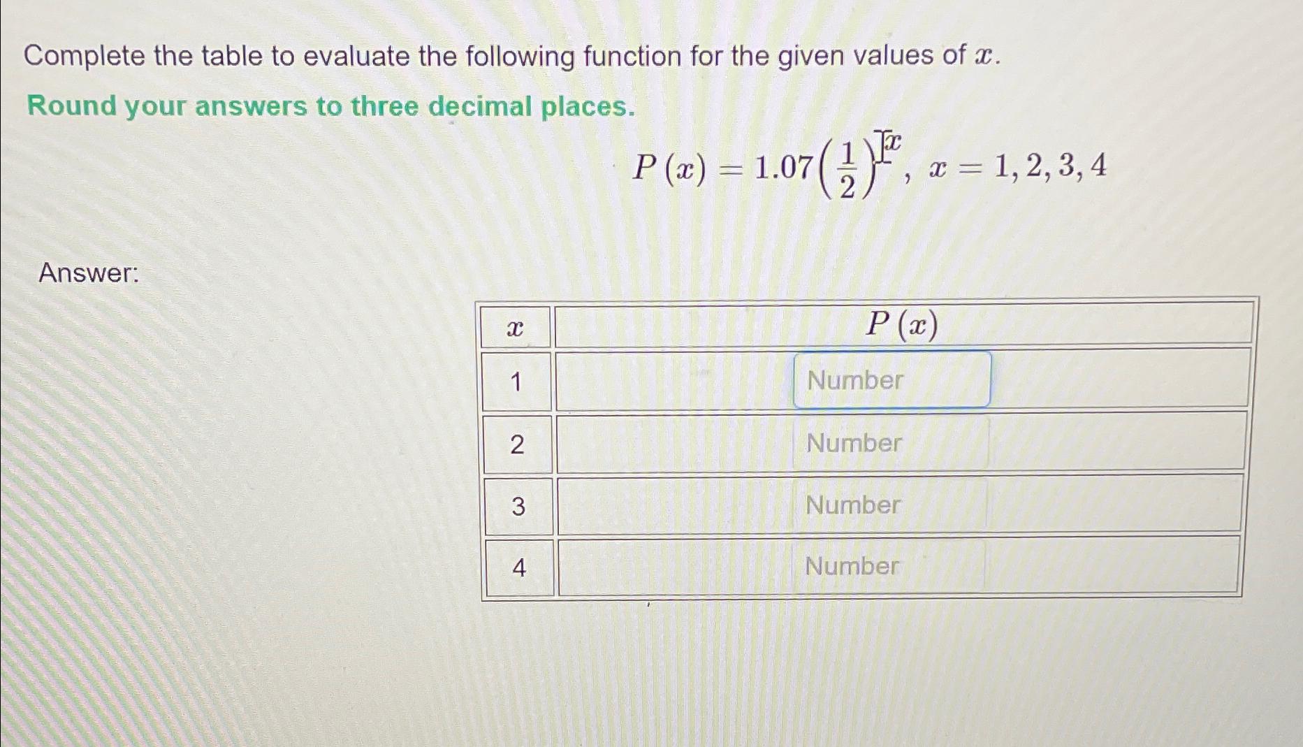 Solved Complete the table to evaluate the following function | Chegg.com