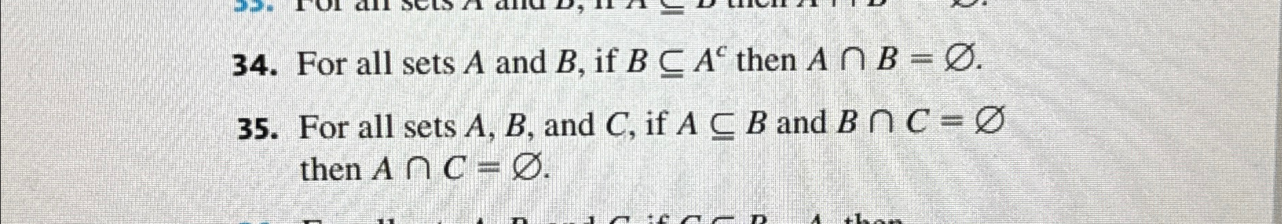 Solved For all sets A,B, ﻿and C, ﻿if AsubeB and B∩C=O? ﻿then | Chegg.com