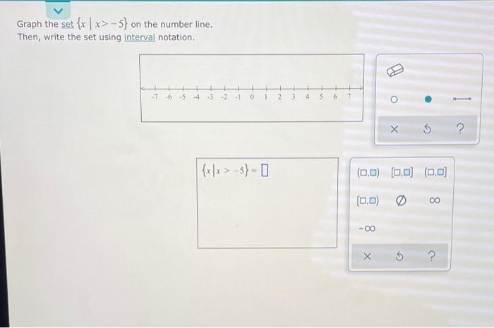 Solved Graph the set {x | x>- 5} on the number line. Then, | Chegg.com