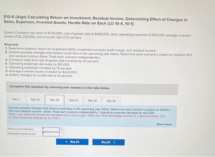 Solved E10-6 (Algo) Calculating Return on Investment, | Chegg.com