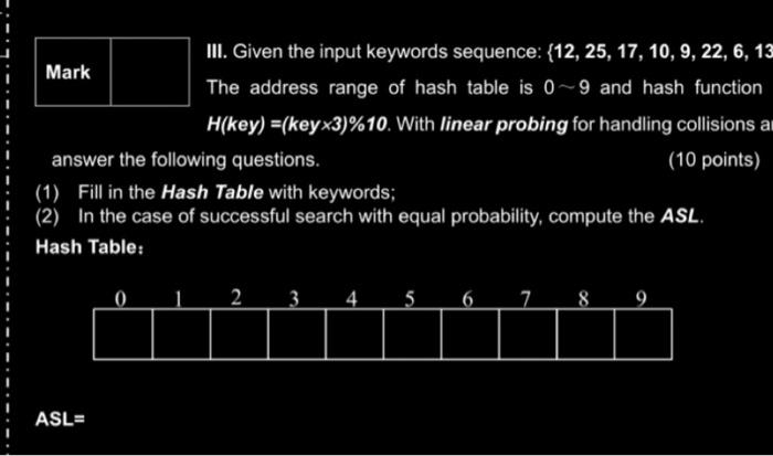 Solved III. Given the input keywords sequence: | Chegg.com