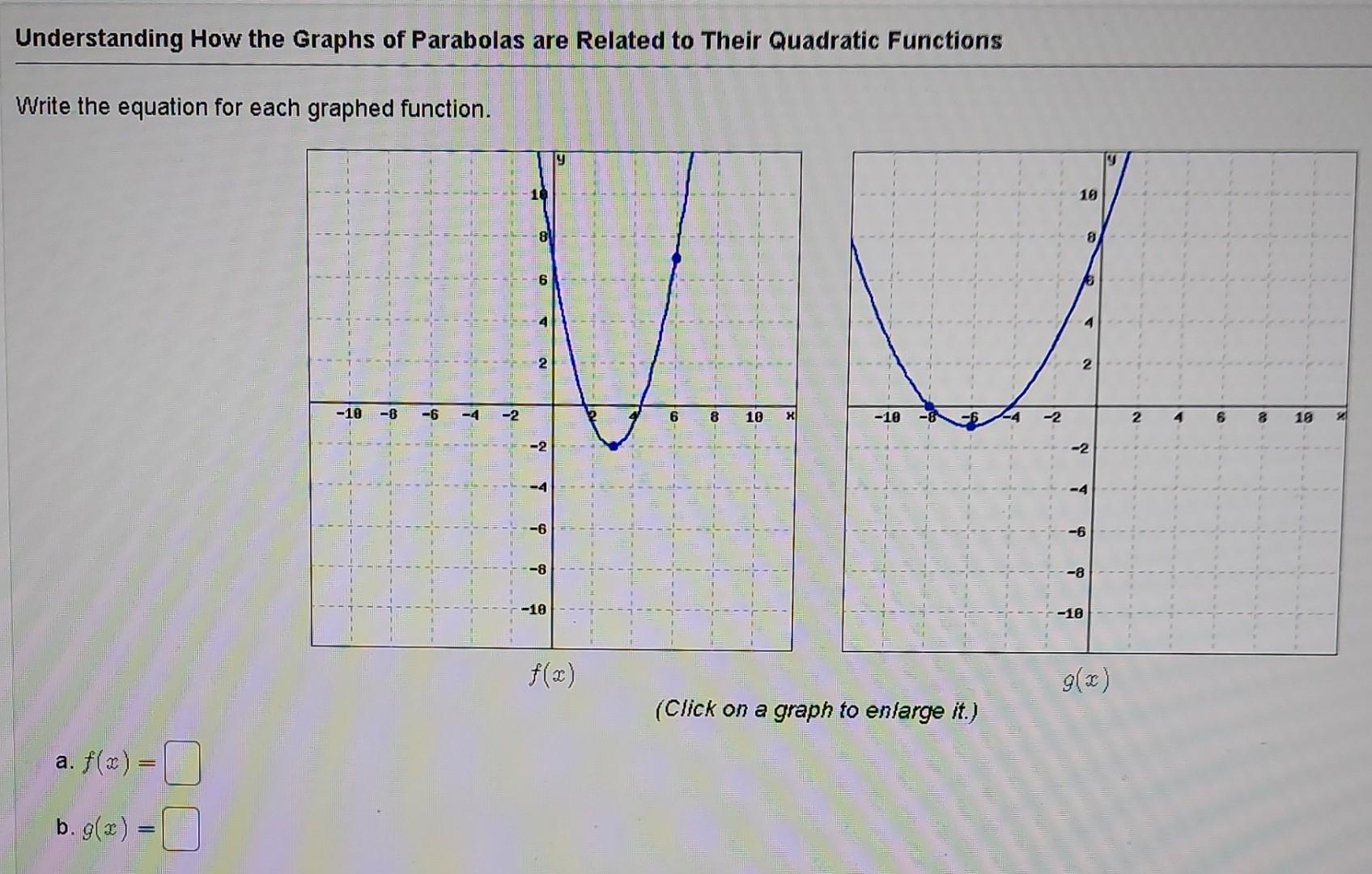 Solved (Click on a graph to enlarge it.) f(x)= g(x)= | Chegg.com