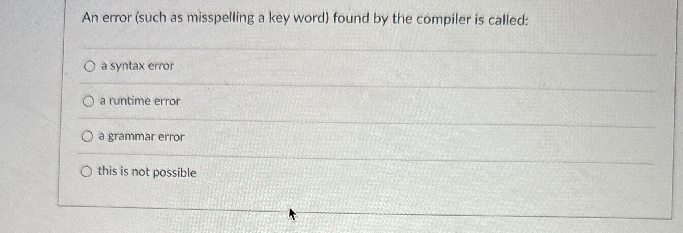 Solved An error (such as misspelling a key word) ﻿found by | Chegg.com