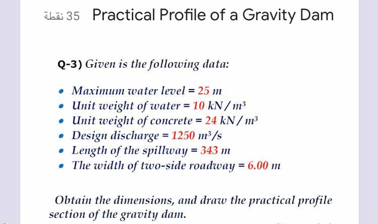 Solved übär 35 Practical Profile of a Gravity Dam Q-3) Given | Chegg.com
