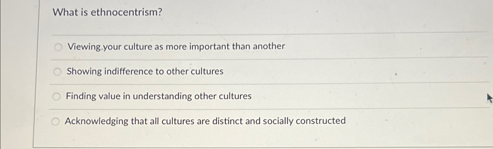 Solved What is ethnocentrism?Viewing your culture as more | Chegg.com
