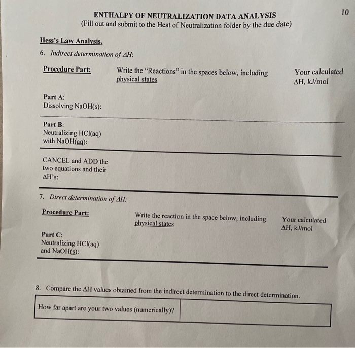Solved 10 ENTHALPY OF NEUTRALIZATION DATA ANALYSIS (Fill out | Chegg.com