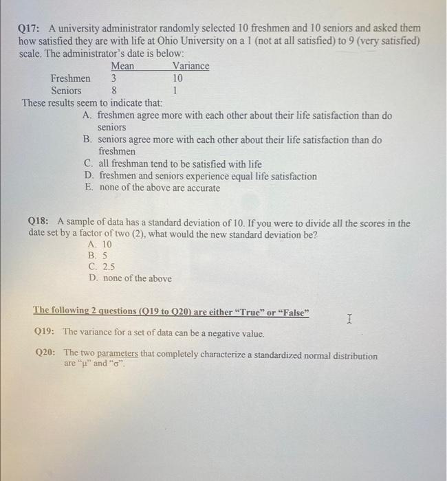 Solved Q17: A university administrator randomly selected 10 | Chegg.com