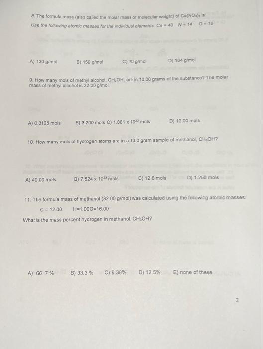 Solved 8. The formula mase (aiso called the moiar mass or | Chegg.com