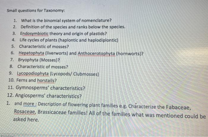 Solved Small questions for Taxonomy: 1. What is the binomial | Chegg.com