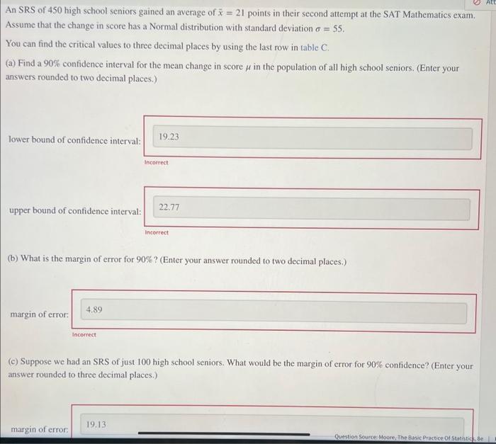 Solved An SRS of 450 high school seniors gained an average | Chegg.com