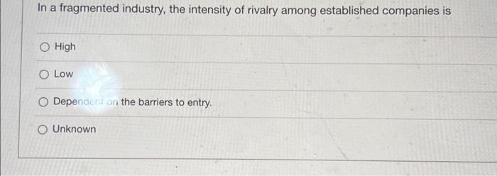 Solved In a fragmented industry, the intensity of rivalry | Chegg.com