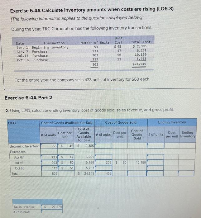 Solved Exercise 6-4A Calculate inventory amounts when costs | Chegg.com