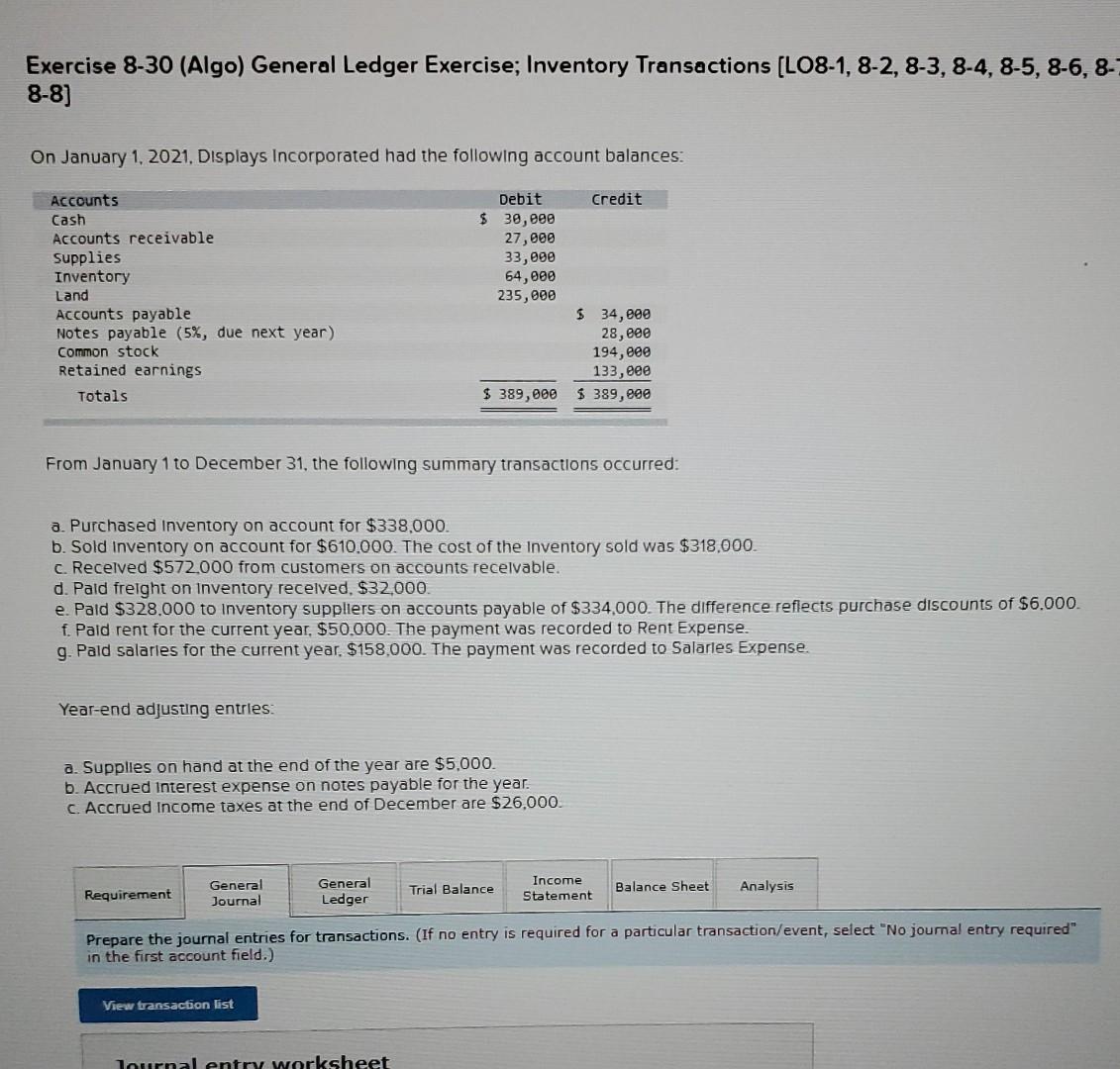 Solved Exercise 8-30 (Algo) General Ledger Exercise; | Chegg.com