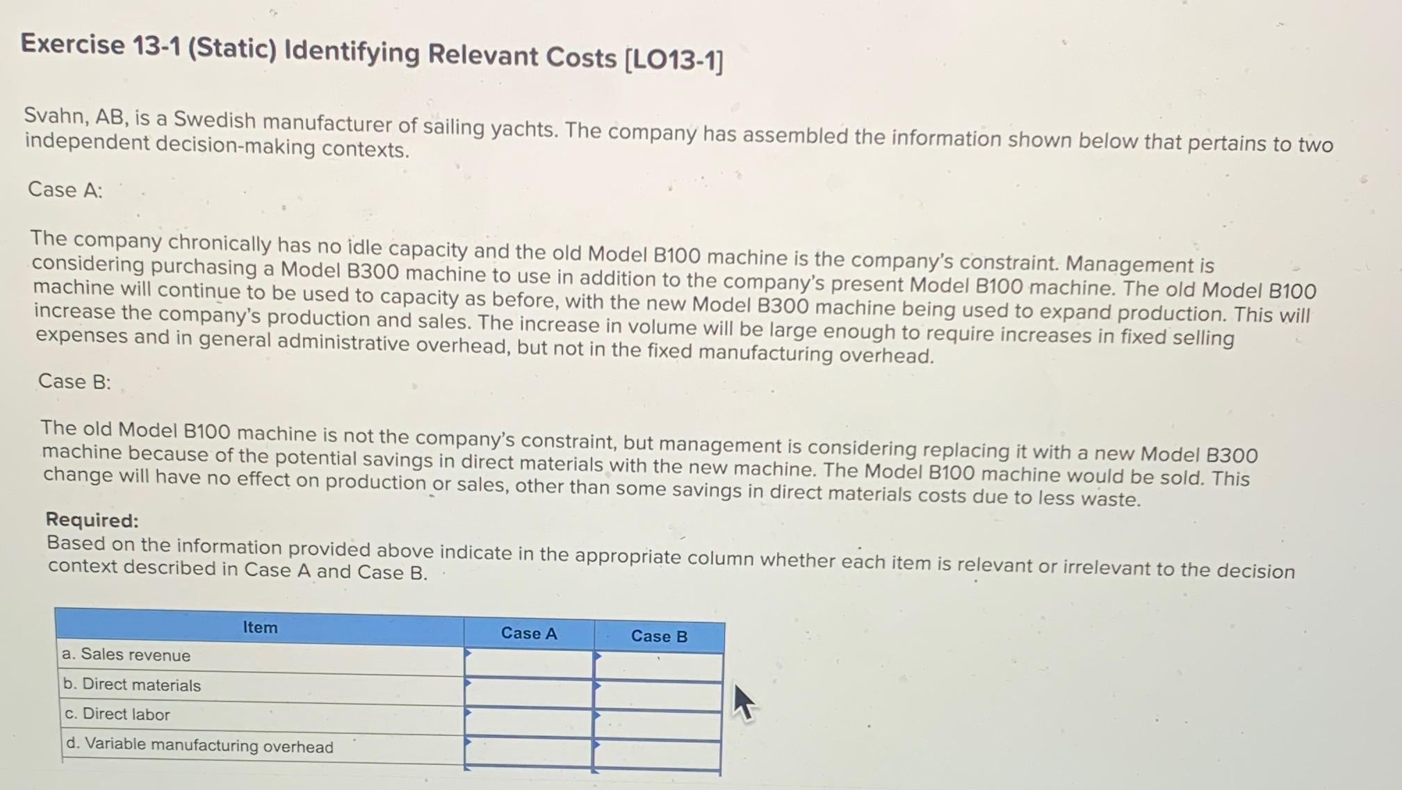 Solved Exercise 13-1 (Static) ﻿Identifying Relevant Costs | Chegg.com