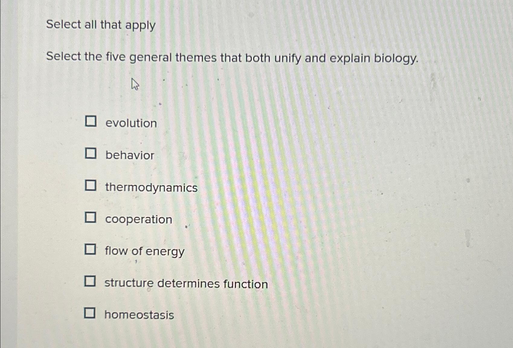 Solved Select all that applySelect the five general themes | Chegg.com