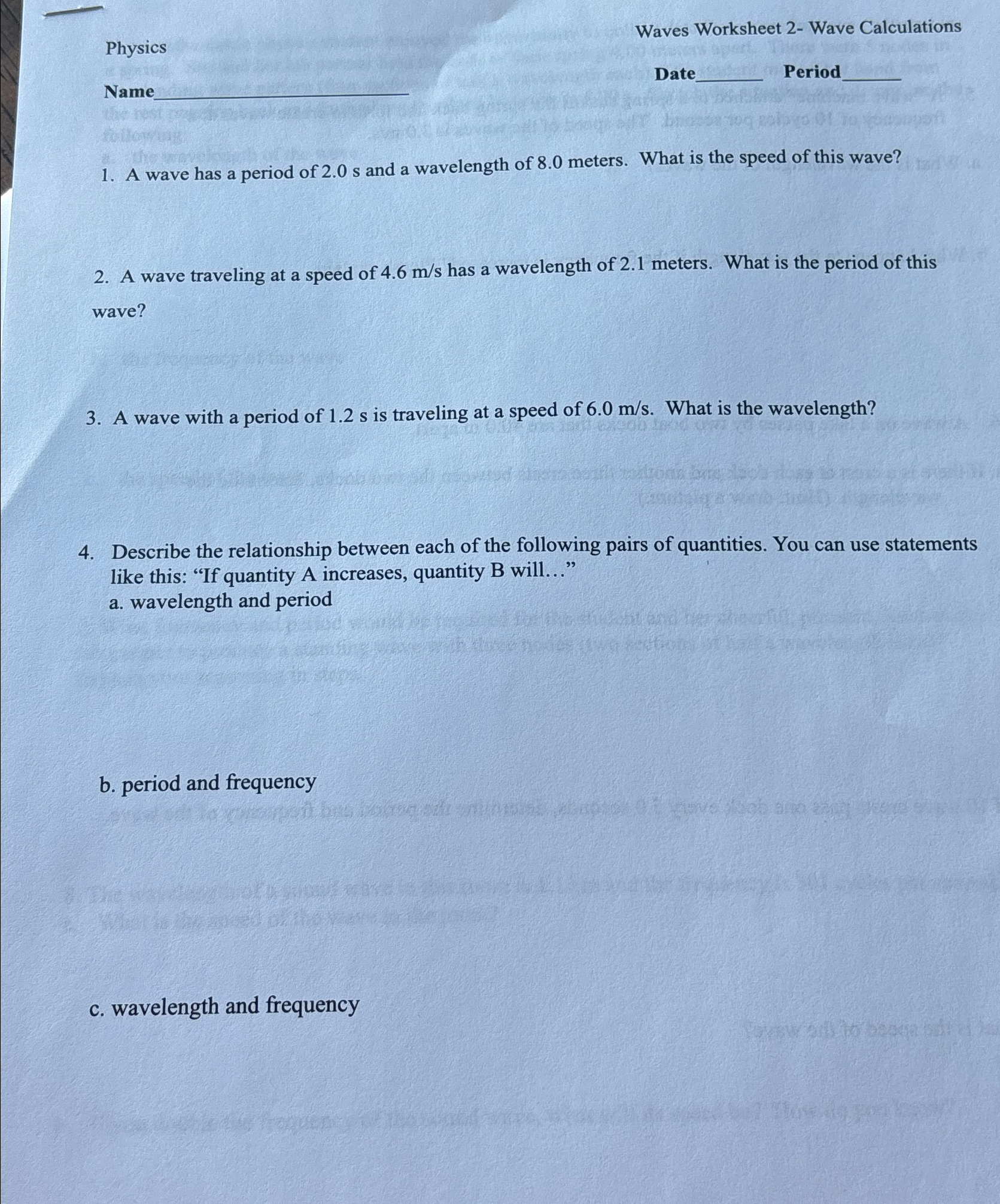 Solved PhysicsWaves Worksheet 2- ﻿Wave | Chegg.com