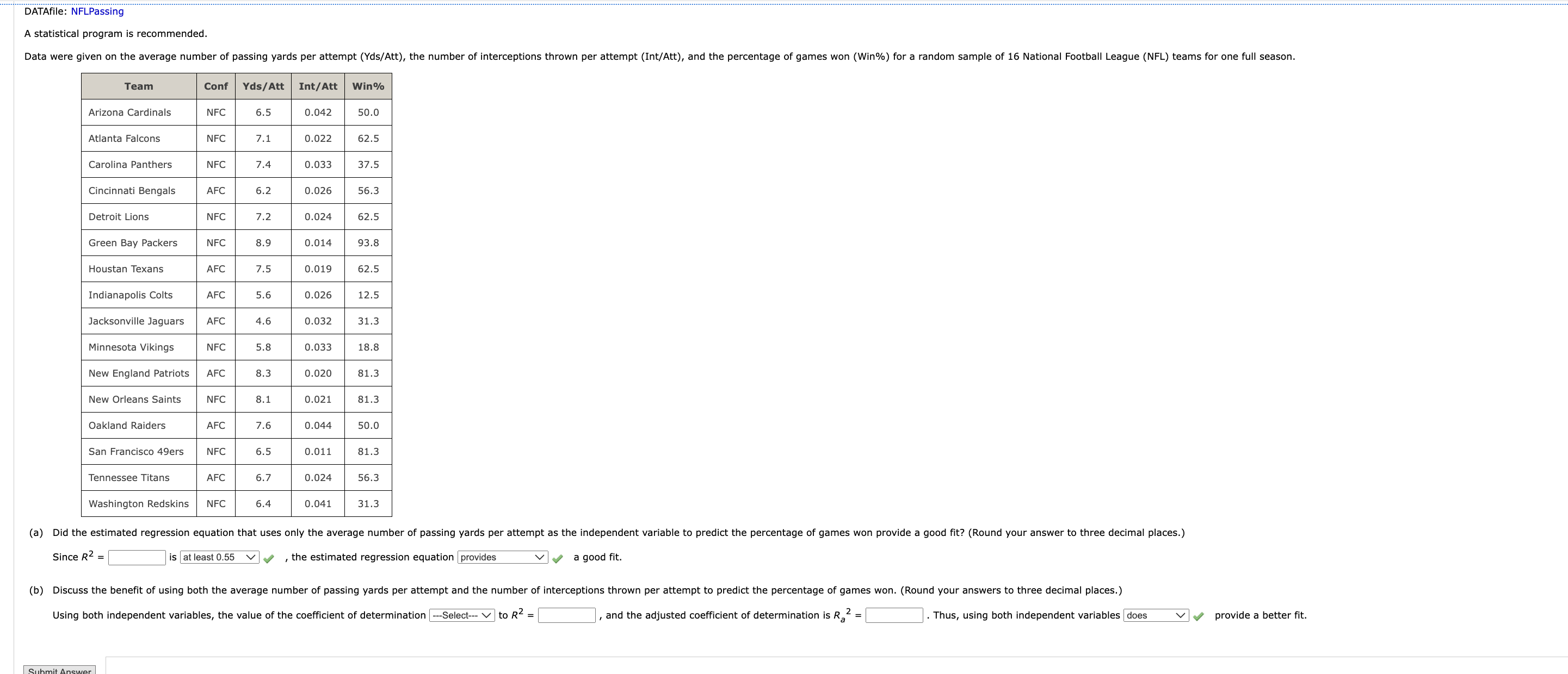 Solved DATAfile: NFLPassingA statistical program is | Chegg.com