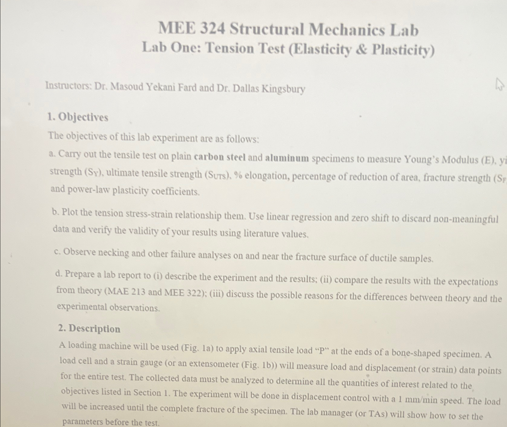 Solved MEE 324 Structural Mechanics Lab Lab One: Tension | Chegg.com