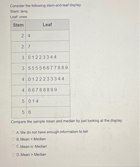 Consider the following stem-and-leaf display. Stem: | Chegg.com