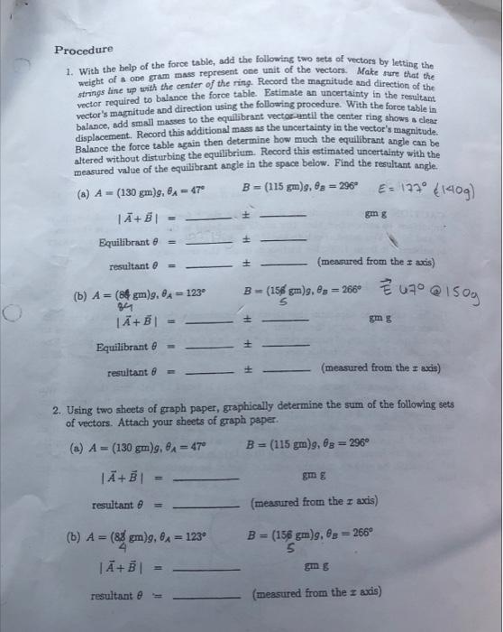Solved Procedure 1. With the help of the force table, add | Chegg.com