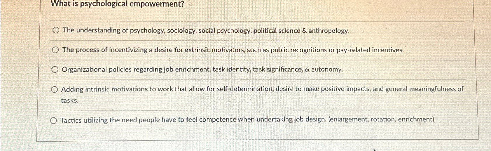 Solved What is psychological empowerment?The understanding | Chegg.com