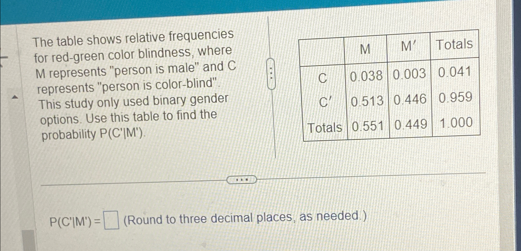 Solved The table shows relative frequencies for red-green | Chegg.com