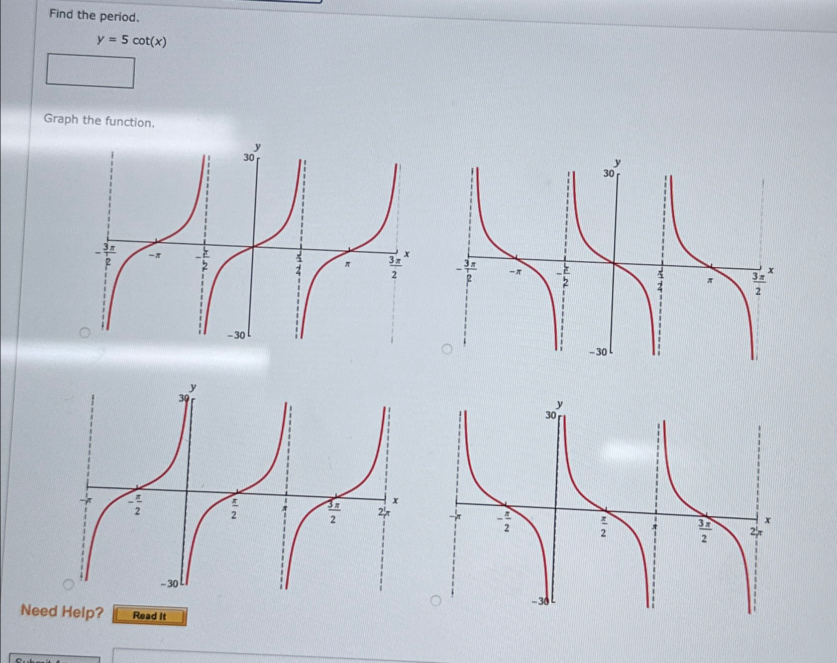 Solved Find the period.y=5cot(x)Graph the function.Need | Chegg.com