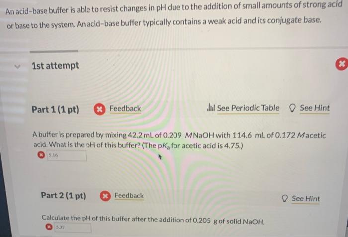 Solved An acid-base buffer is able to resist changes in pH | Chegg.com