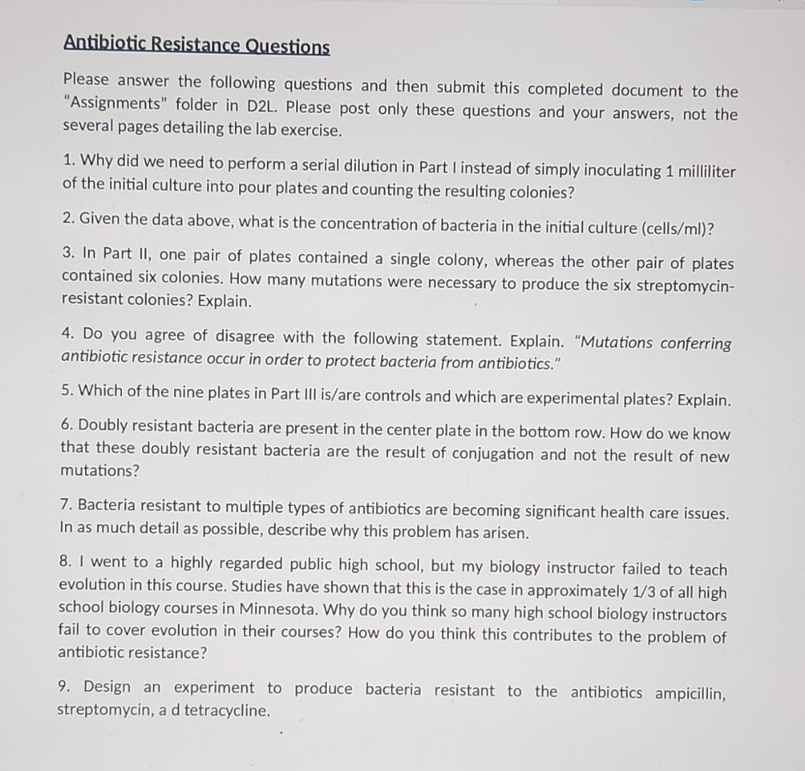 Solved Antibiotic Resistance Questions Please answer the | Chegg.com