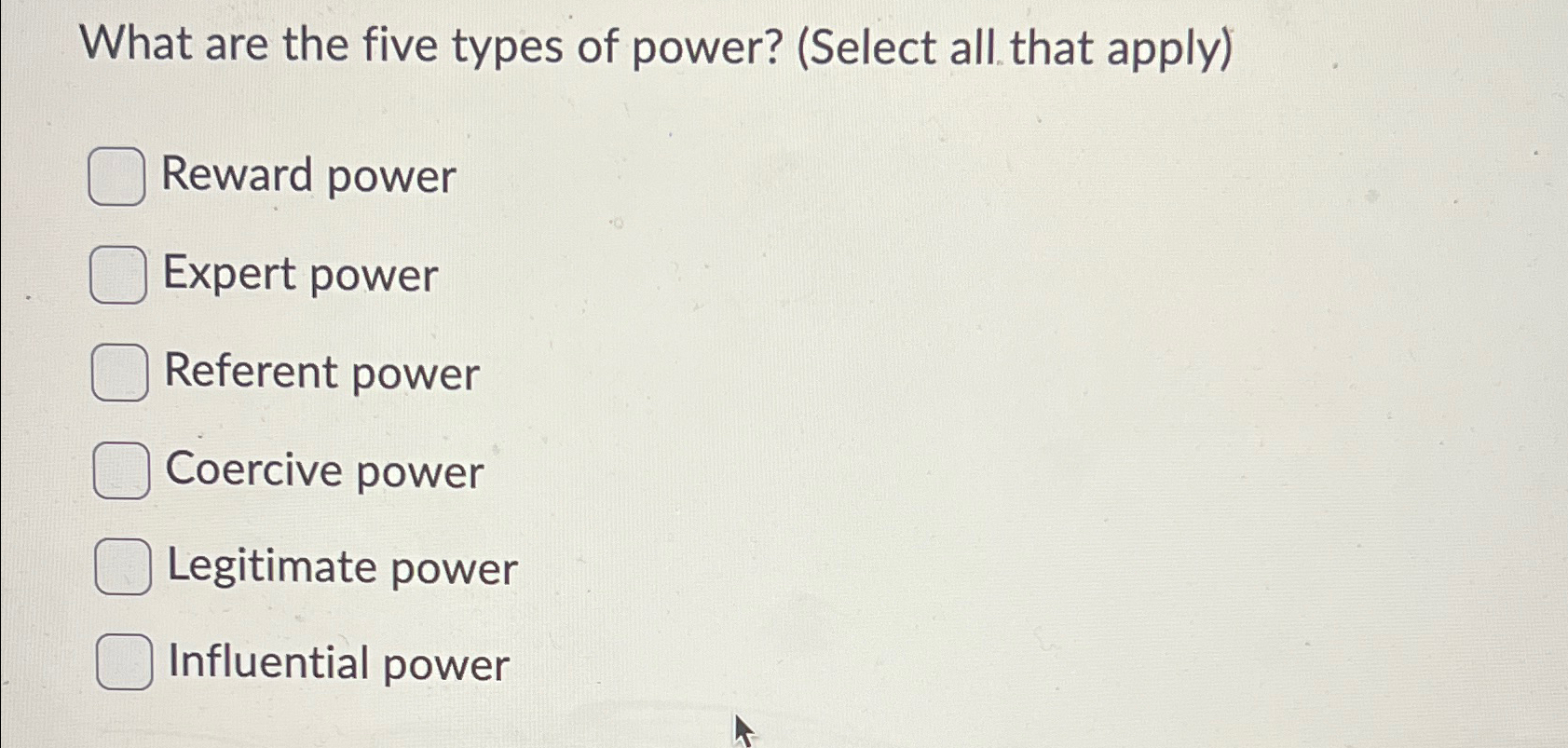 Solved What are the five types of power? (Select all that | Chegg.com