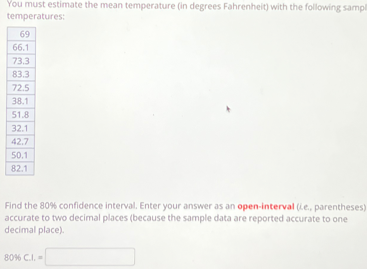 Solved You must estimate the mean temperature (in degrees | Chegg.com