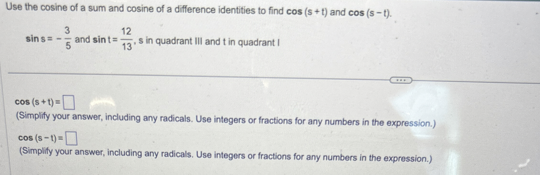 Solved Use the cosine of a sum and cosine of a difference | Chegg.com