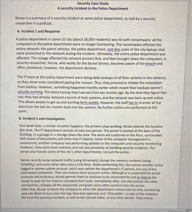 Solved A security incident in the Police Department Below is | Chegg.com
