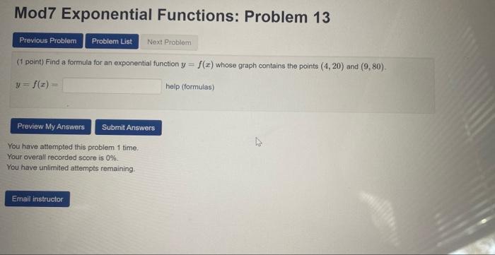 Solved Find a formula for an exponential function y=f(x) | Chegg.com