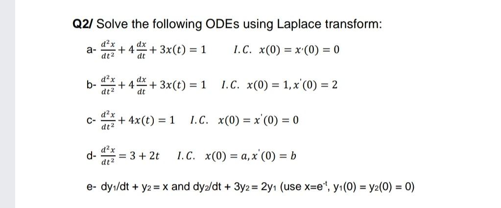 Solved Q2/ Solve the following ODEs using Laplace transform: | Chegg.com