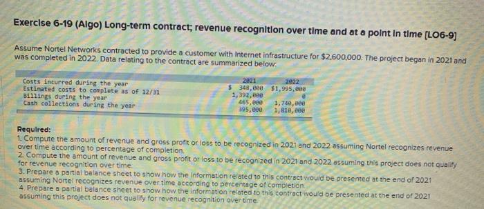 Solved Exercise 6-19 (Algo) Long-term contract, revenue | Chegg.com