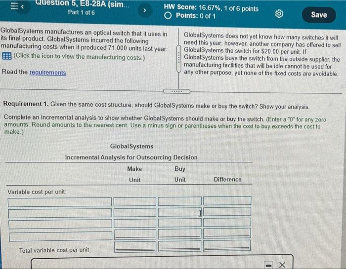 Solved stion 5, E8-28A (sim... Part 1 of 6 HW Score: 16.67%, | Chegg.com