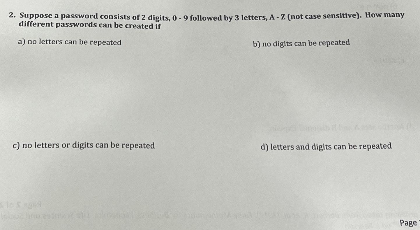 Solved Suppose a password consists of 2 ﻿digits, 0 - 9 | Chegg.com