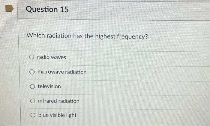 Solved Which radiation has the highest frequency? radio | Chegg.com