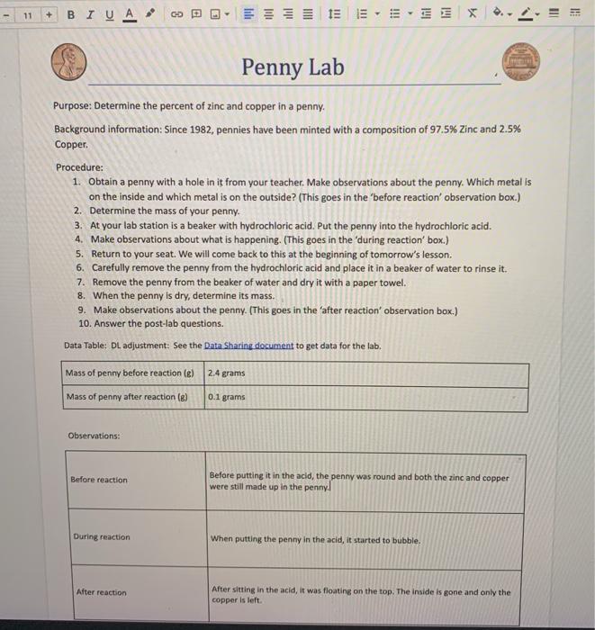 Solved 11 til BIU A III Penny Lab Purpose: Determine the | Chegg.com
