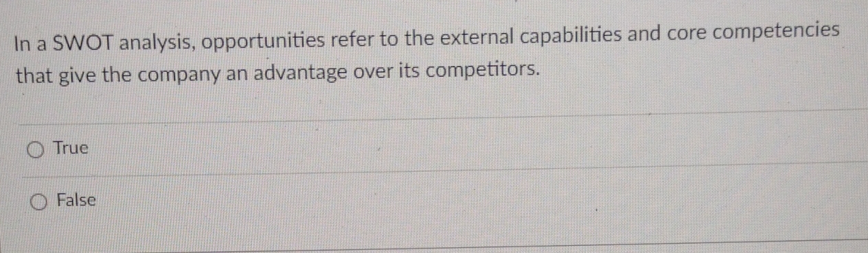 Solved In a SWOT analysis, opportunities refer to the | Chegg.com